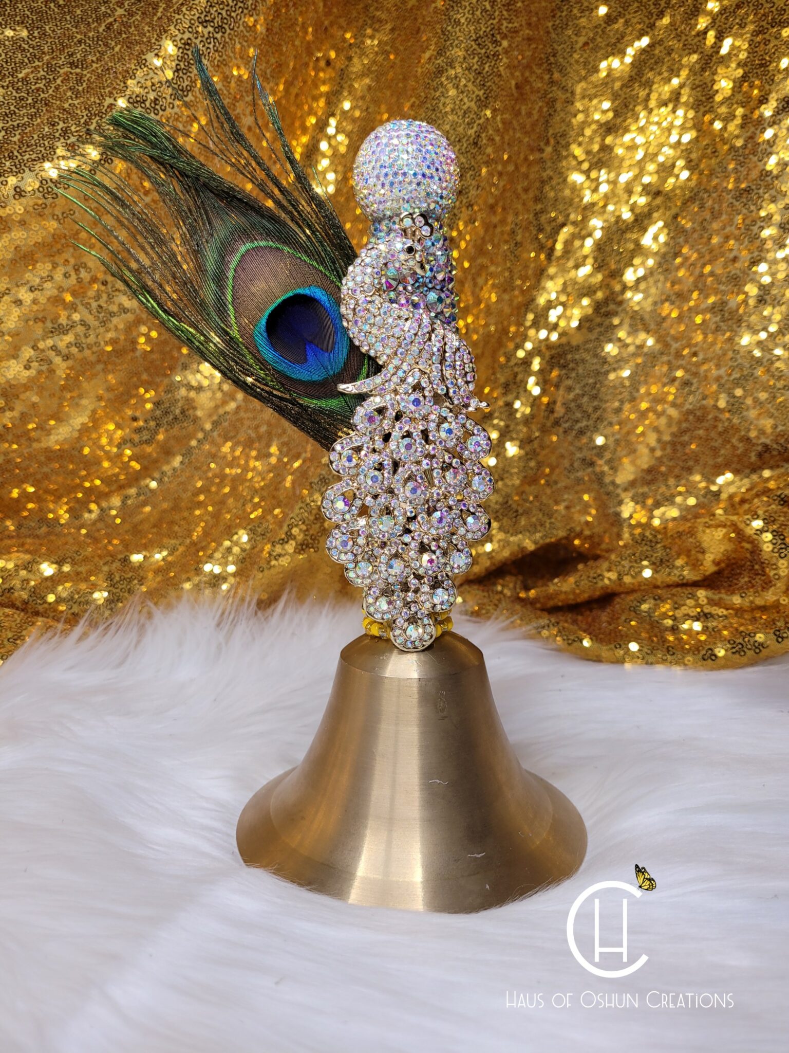 Oshun Inspired Crystal AB Peacock Brass Bell – Haus of Oshun Creations
