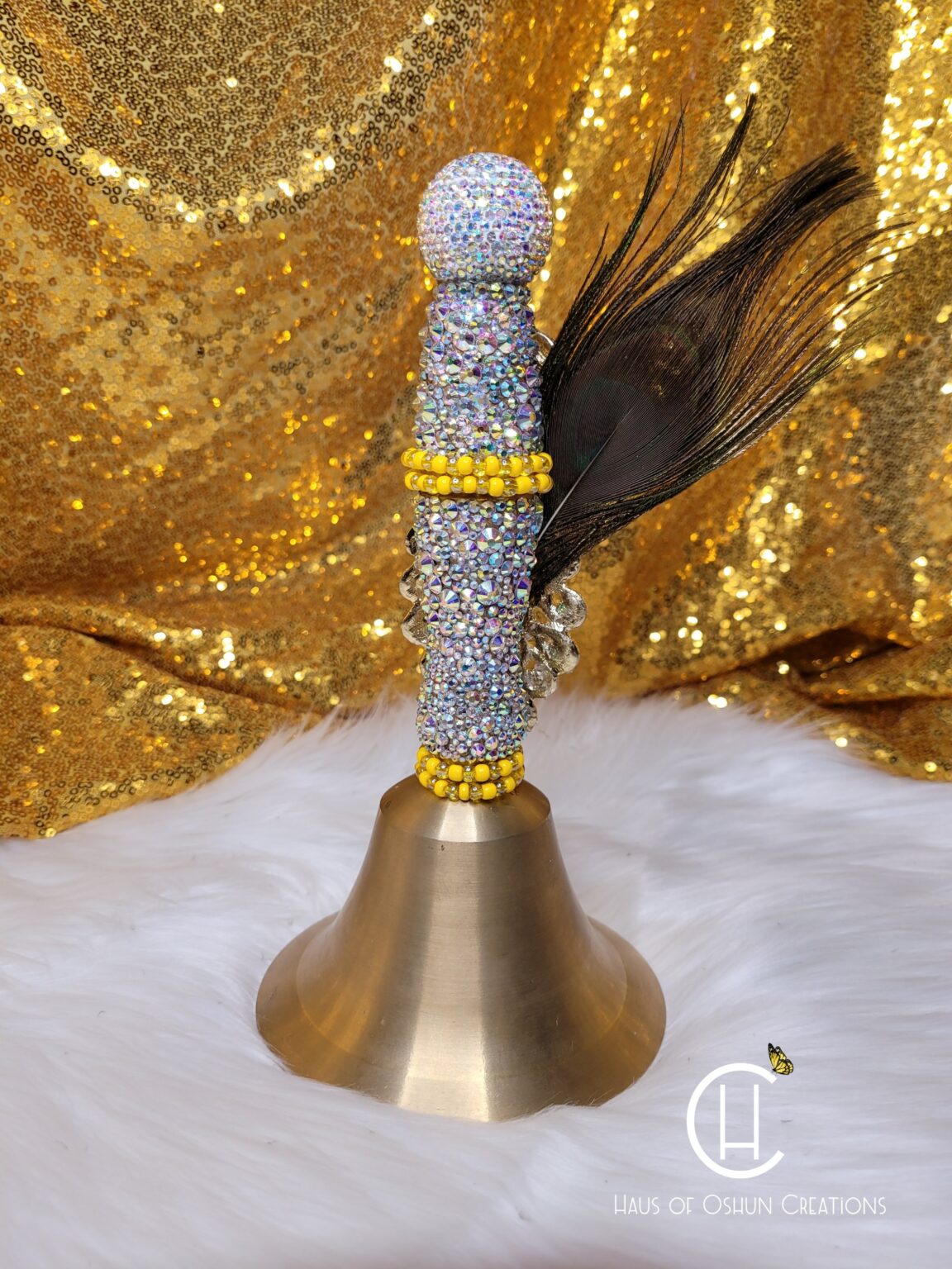 Oshun Inspired Crystal AB Peacock Brass Bell – Haus of Oshun Creations